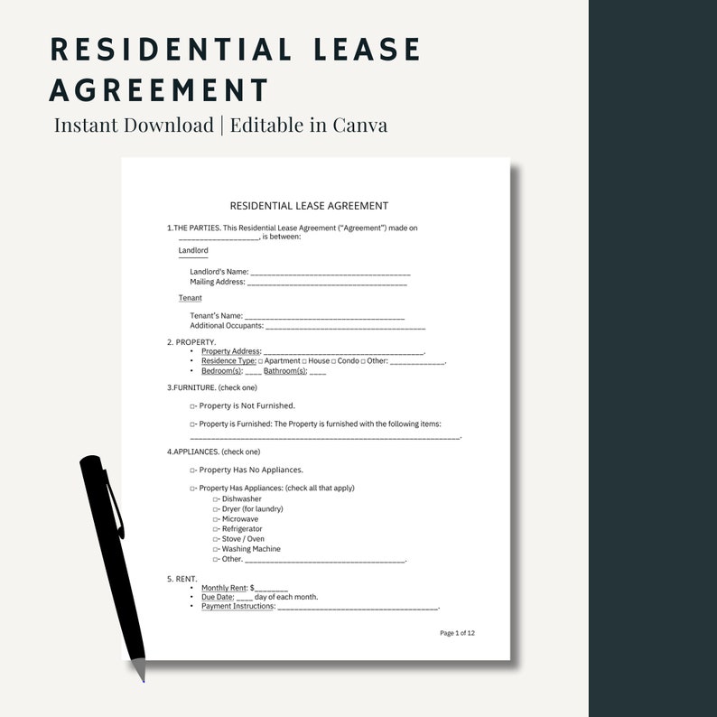 Rental Agreement, Lease Contract Template, Editable Landlord Forms ...