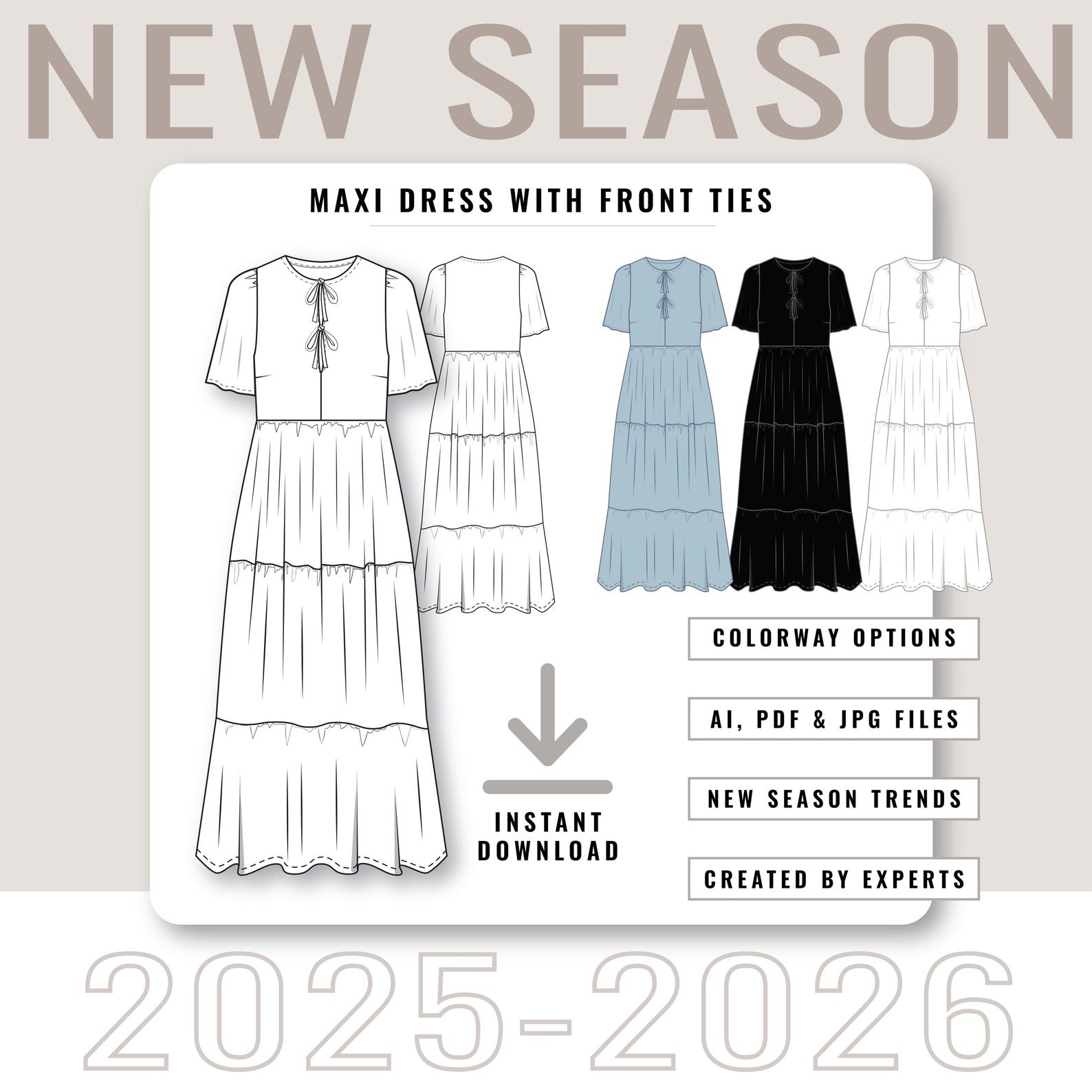 Maxi Dress Technical Drawing CAD, Flat Sketch, Garment Drawing, Fashion ...