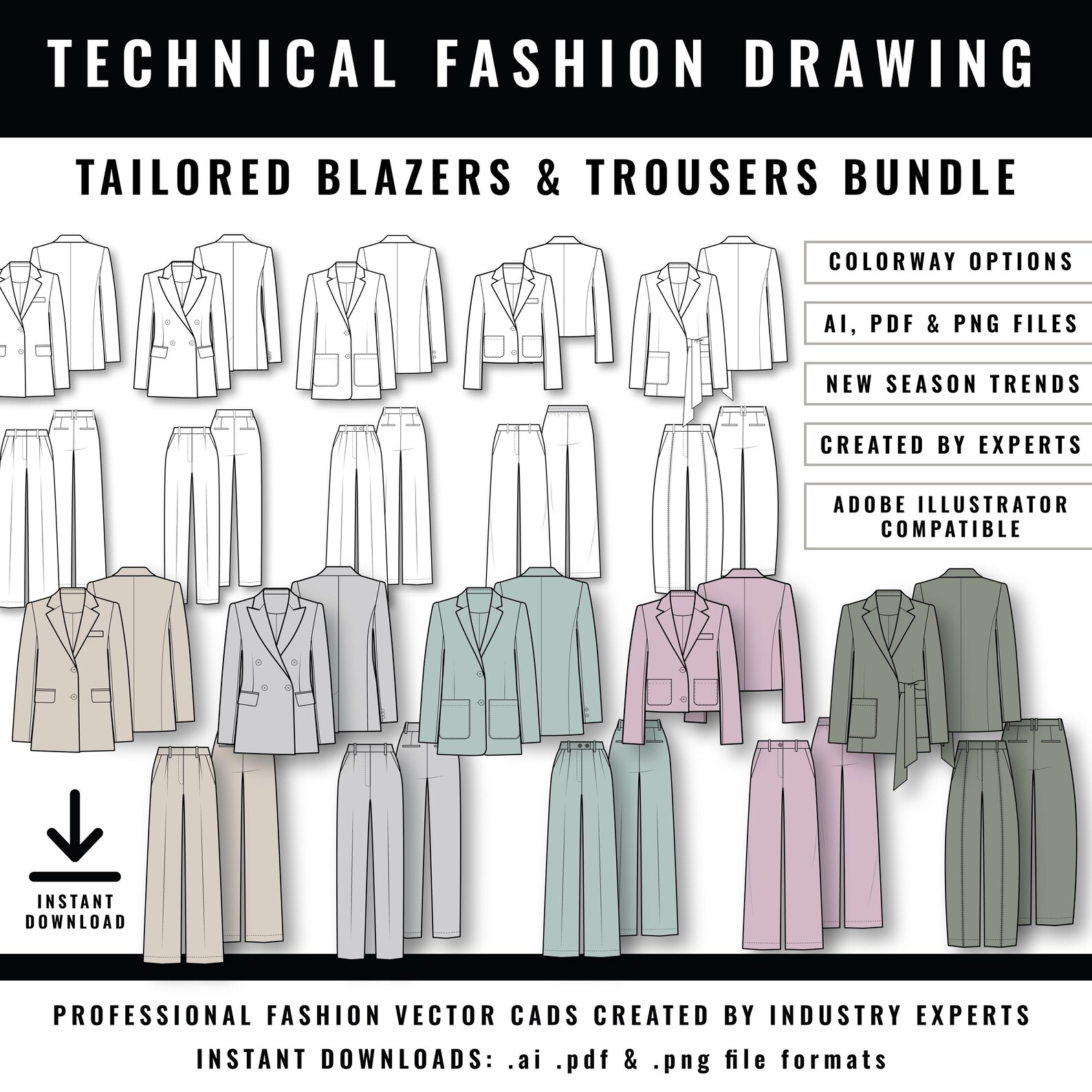 BUNDLE Fashion CADS Tailored Blazers Trousers Technical Drawings for ...