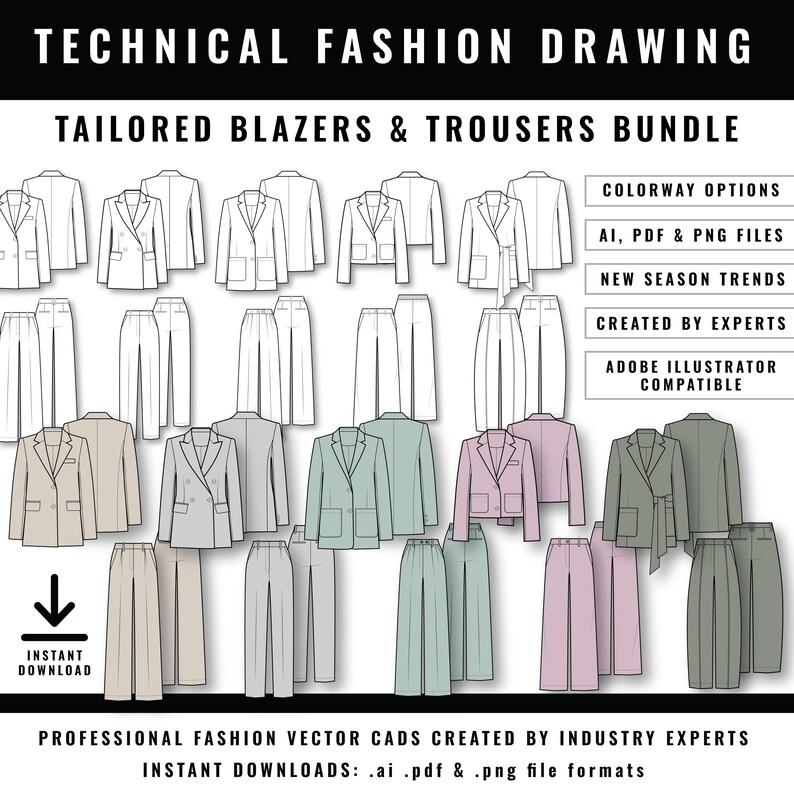 BUNDLE Fashion CADS Tailored Blazers Trousers Technical Drawings for ...