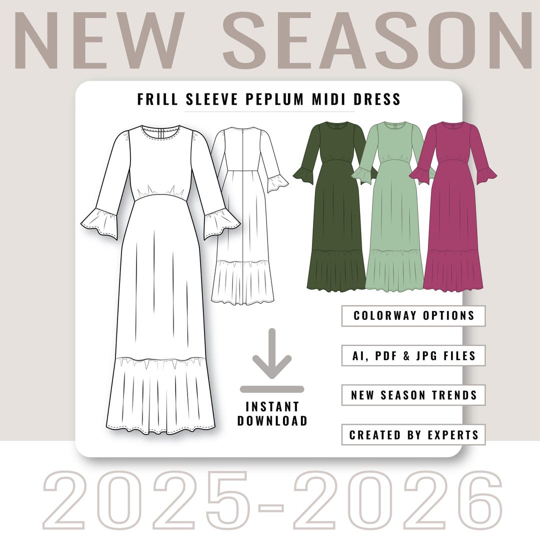 Midi Dress Technical Drawing CAD, Flat Sketch, Garment Drawing, Fashion ...