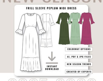 Maxi Dress Technical Drawing CAD, Flat Sketch, Garment Drawing, Fashion ...