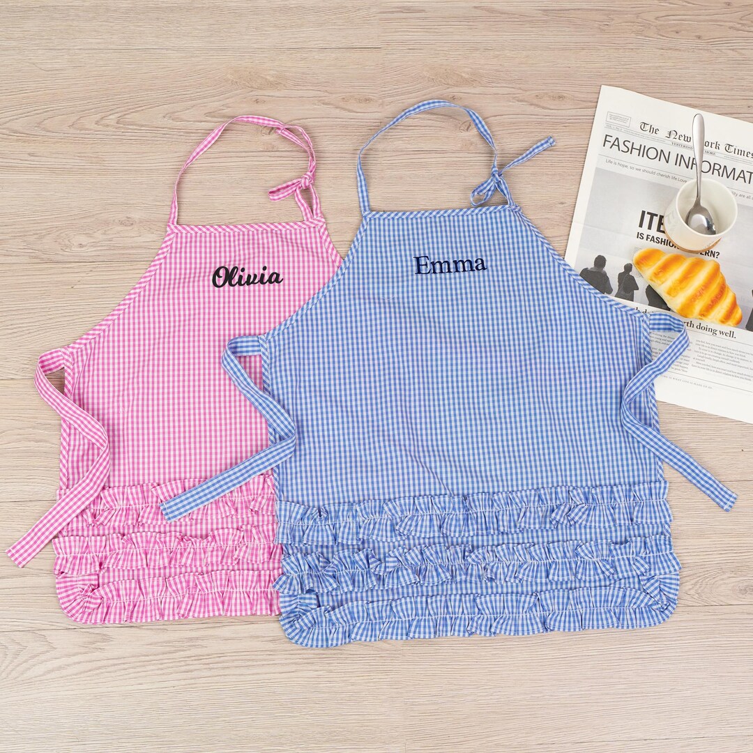 Personalized Gingham Aprons for Kids, Little Girls Apron With Ruffled ...