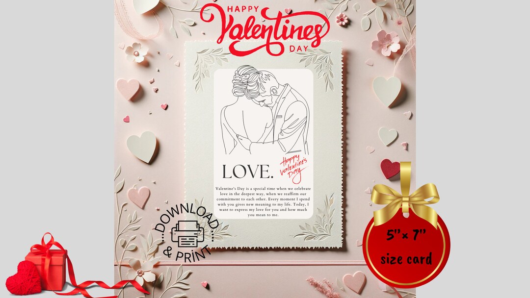 Romantic Valentine’s Day Digital Gift Card | Printable 5x7 Design ...