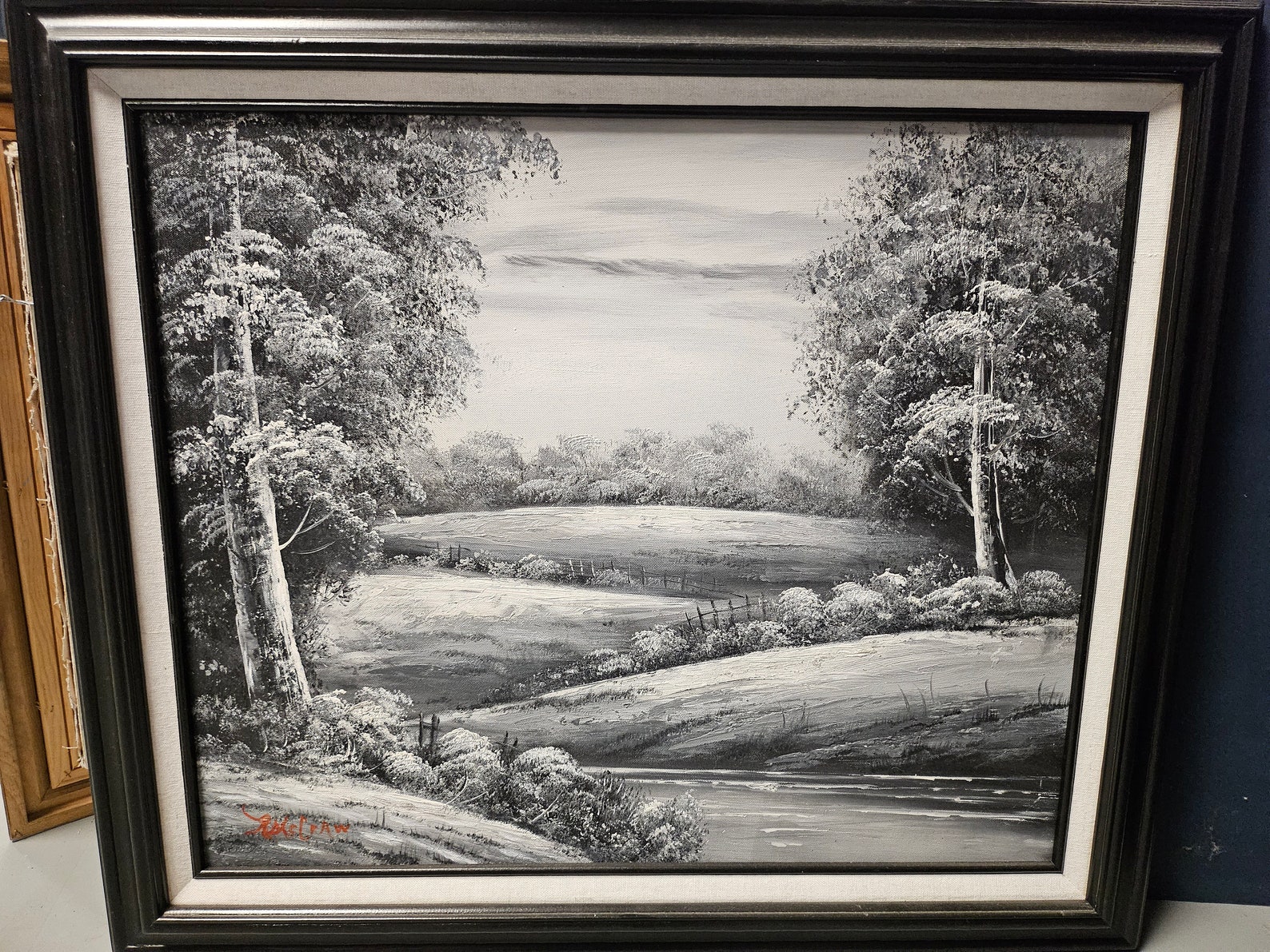 Landscape Painting Handpainted - Monotone Country Field Landscape ...