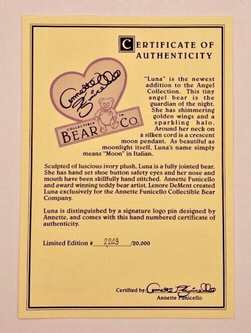 Annette Funicello Angel Bears Collection luna in Box With COA, 2243/ ...