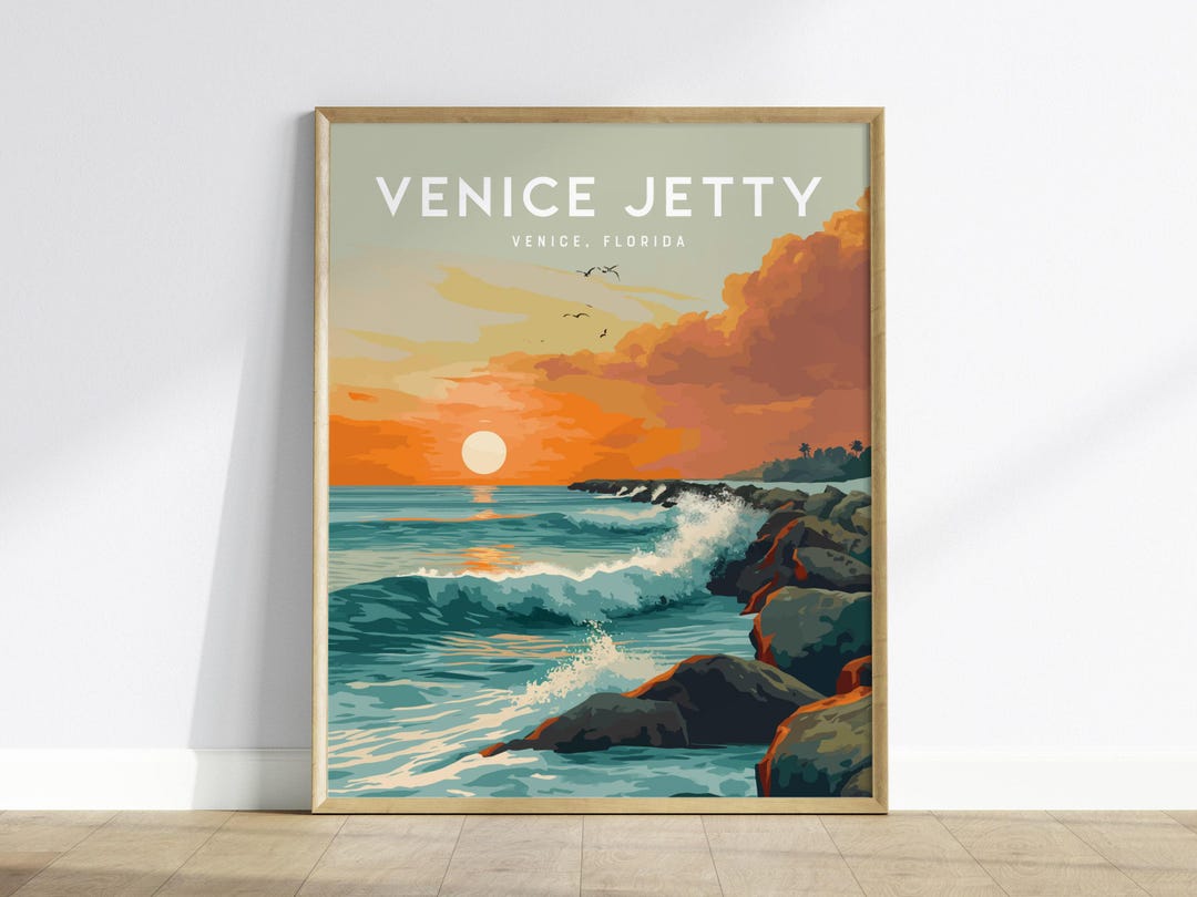 Venice Jetty Sunset Surf Poster: Florida Beach Coastal Decor, Framed or ...