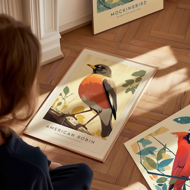 American Robin Bird Print: Modern Cottagecore Framed Wall Art, Framed ...