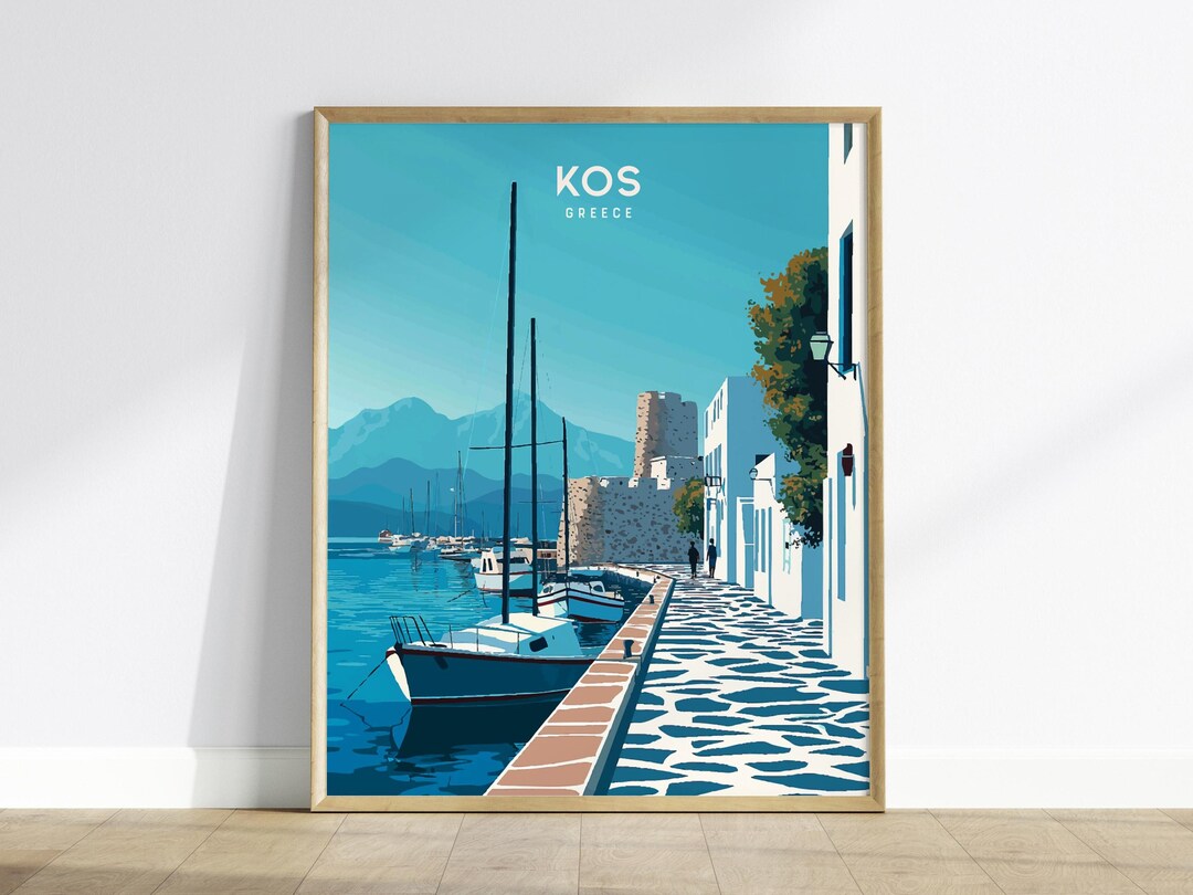 Kos Greece Travel Poster: Minimalist Aegean Island Coastal Art - Etsy