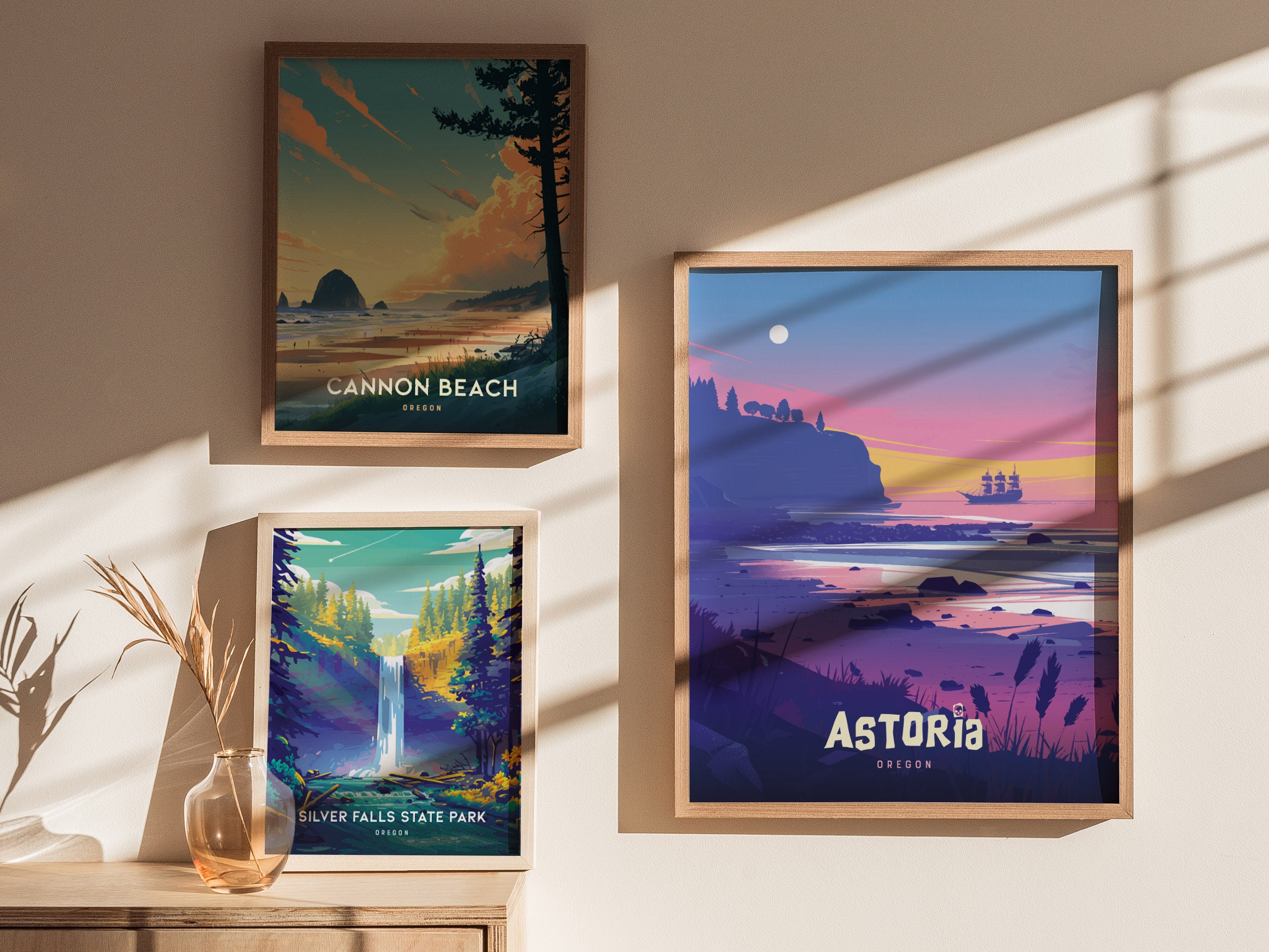 Astoria Oregon Poster, Goonies Style Beach and Pirate Ship Wall Art ...