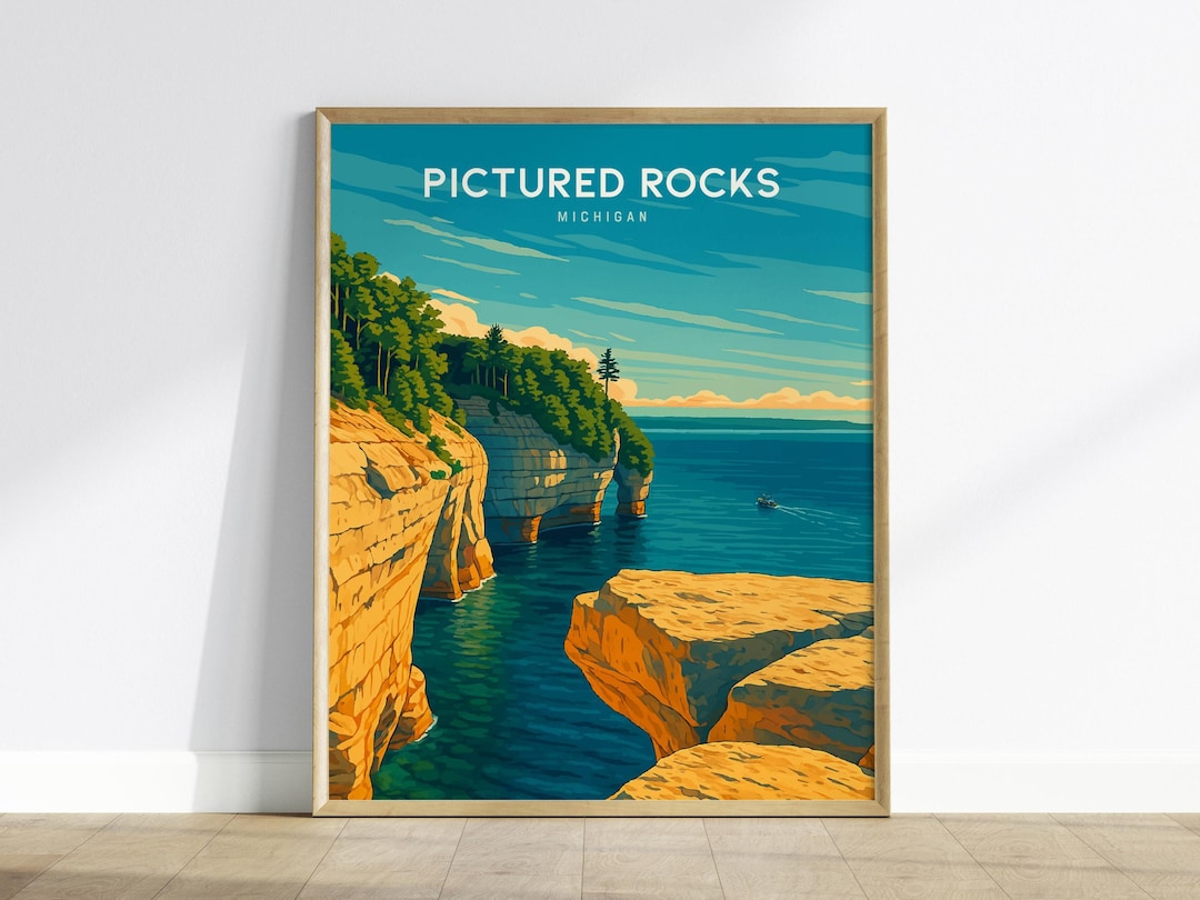 Pictured Rocks Print: Lake Superior Cliff Art, Michigan Travel Poster ...
