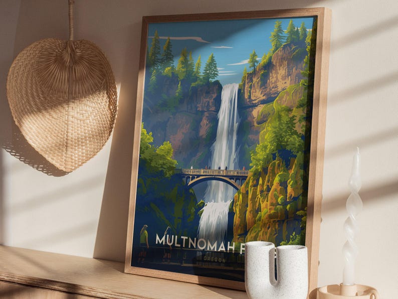 Multnomah Falls Oregon Poster: Pacific Northwest Landscape Art, Framed ...