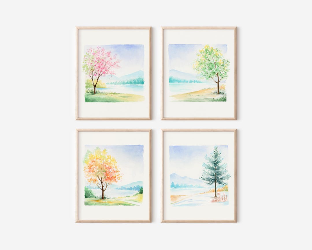Set of 4 Tree Prints, Four Seasons Art Print, Four Seasons Watercolor ...