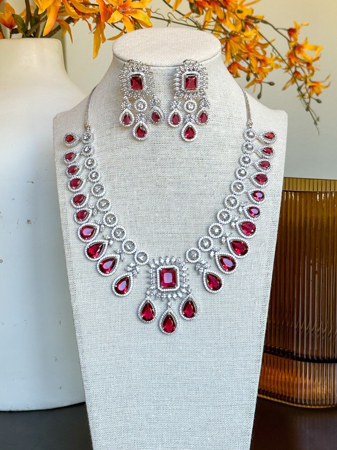 Ruby CZ Diamond Bridal Necklace and Earring Set - Etsy