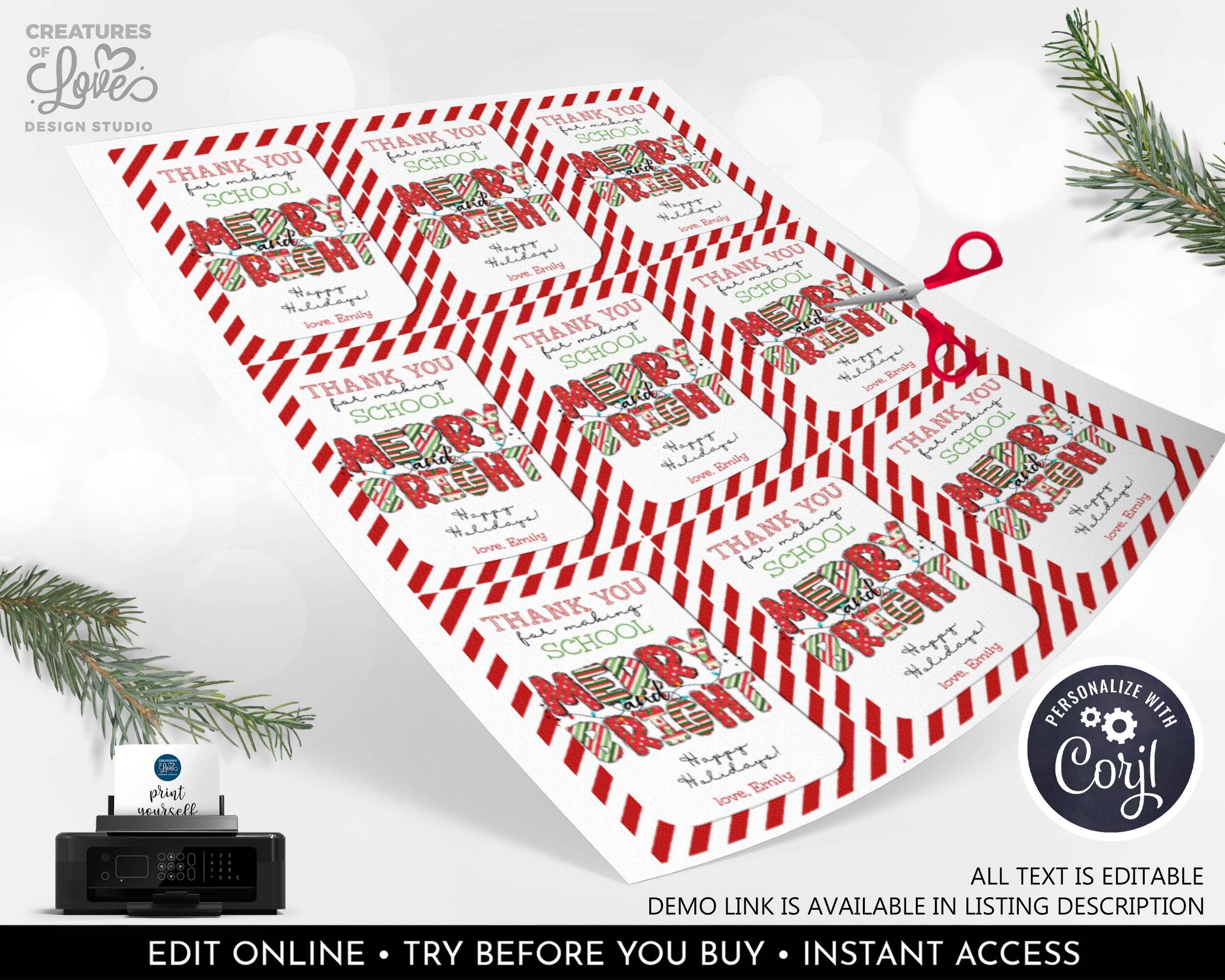 Editable Thank You for Making School Merry and Bright Gift Tags Teacher ...