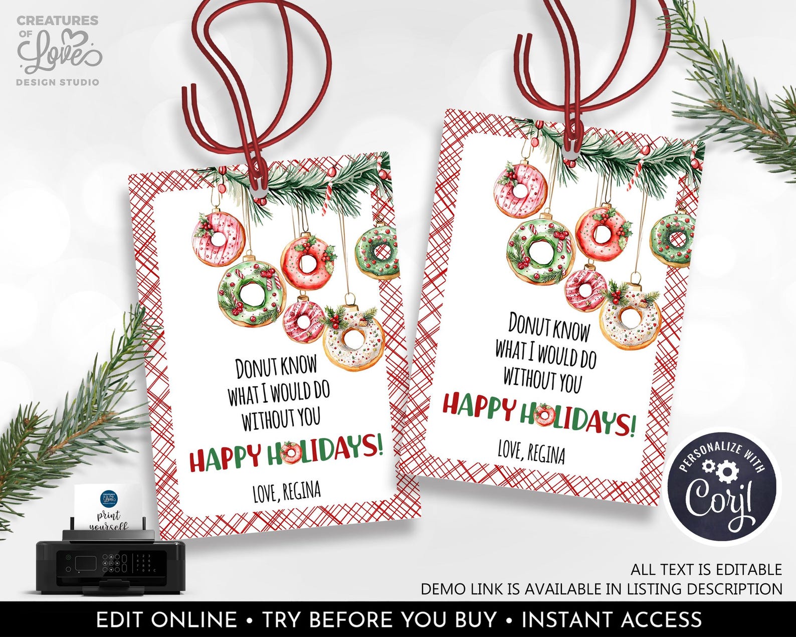 Editable Christmas Donut Tags Christmas Gift Tag Happy Holiday Treat ...