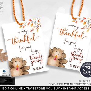 Editable Thanksgiving Gift Tags Grateful Turkey Favor Tag Thank You ...
