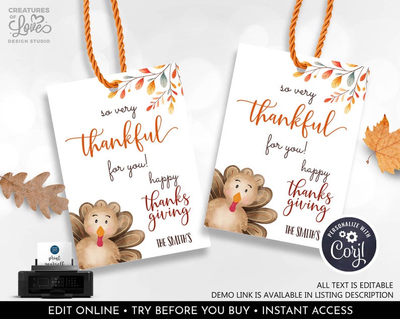 Editable Thanksgiving Gift Tags Grateful Turkey Favor Tag Thank You ...