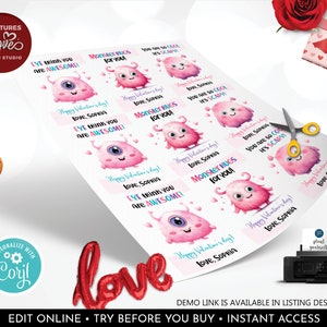 Editable Monster Valentine's Day Cards Monster Valentine Gift Tags ...