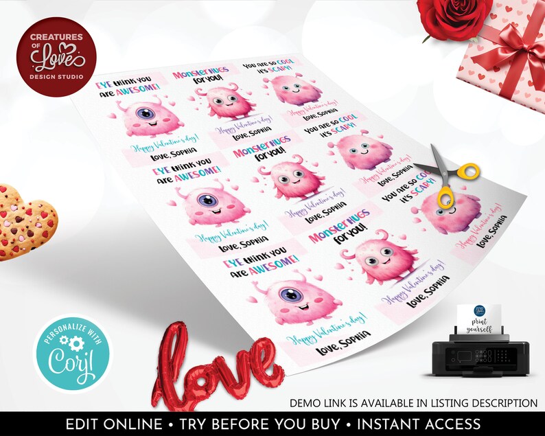 Editable Monster Valentine's Day Cards Monster Valentine Gift Tags ...