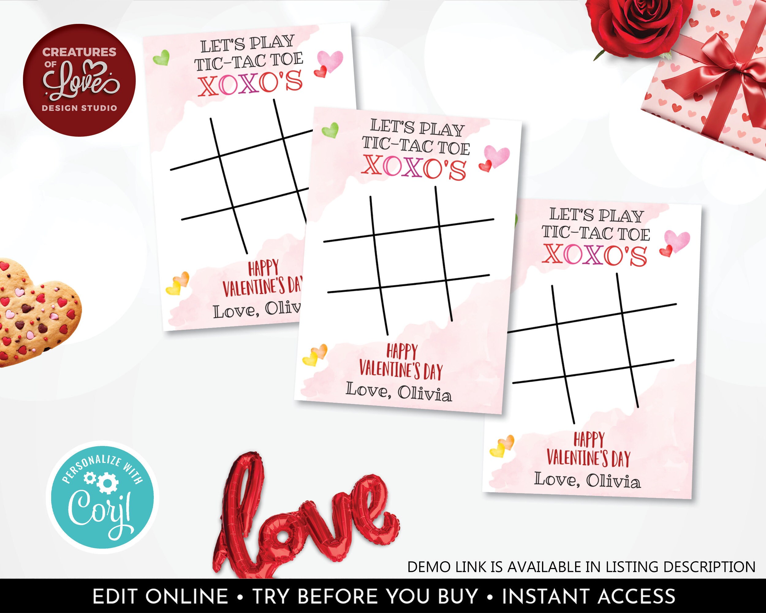 Tic Tac Toe Valentine's Day Card Valentines Day Tic Tac Tags Kids Cards ...