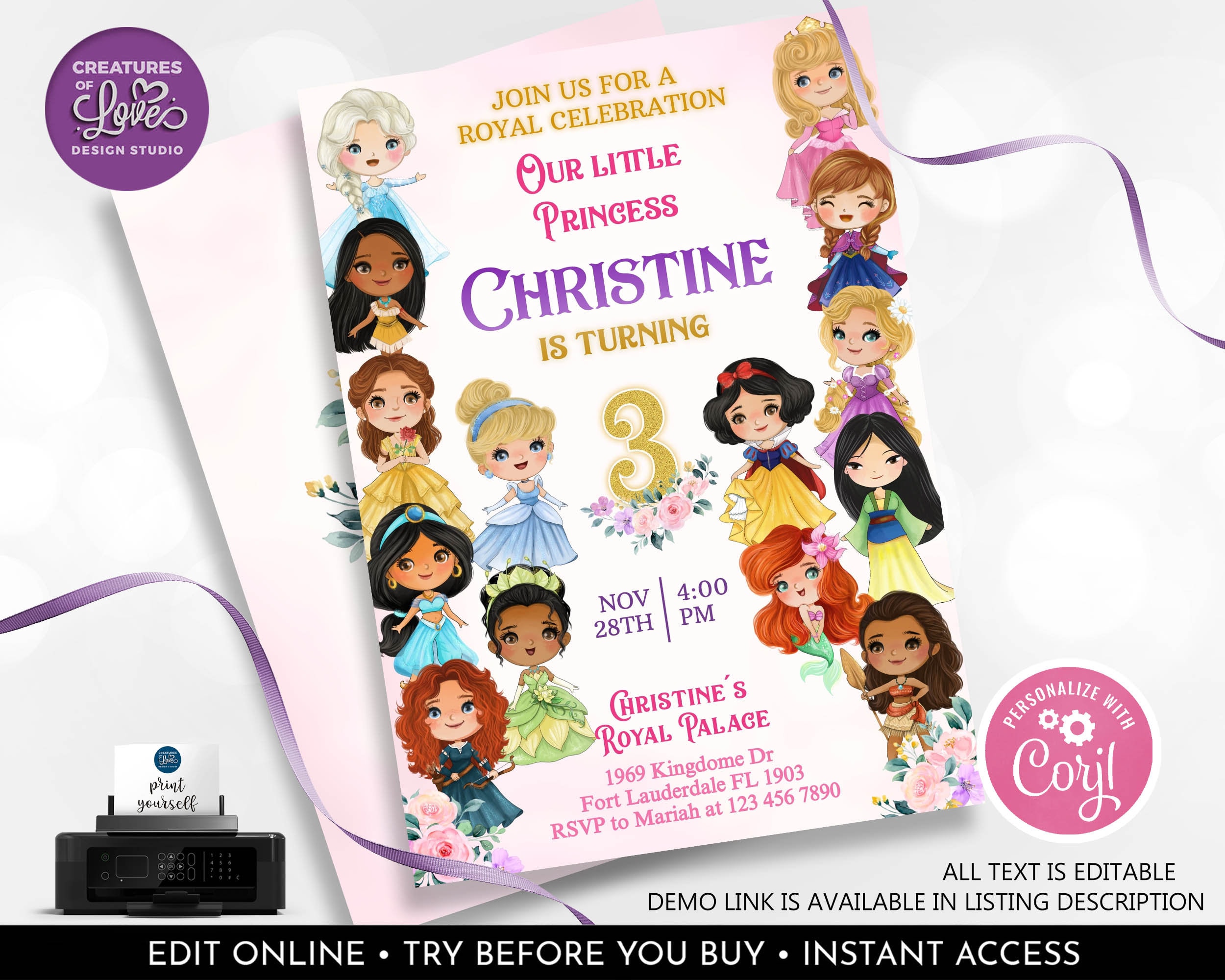 Princess Invitation Editable Princess Birthday Party Invite Royal ...