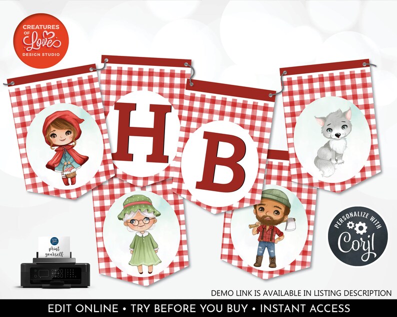Little Red Riding Hood Pennant Banner Editable Red Riding Hood Birthday ...