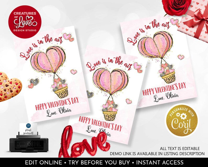 Love is in the Air Valentine's Day Cards Hot Air Balloon Valentines ...