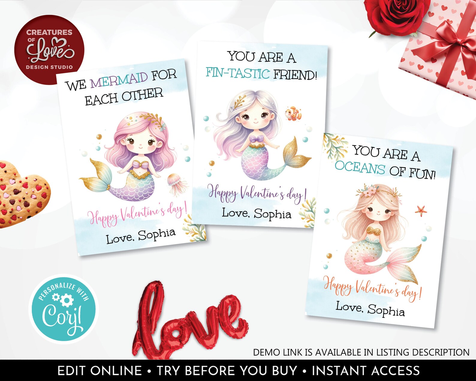 Editable Mermaid Valentine's Day Cards Mermaid Valentine Gift Tags ...