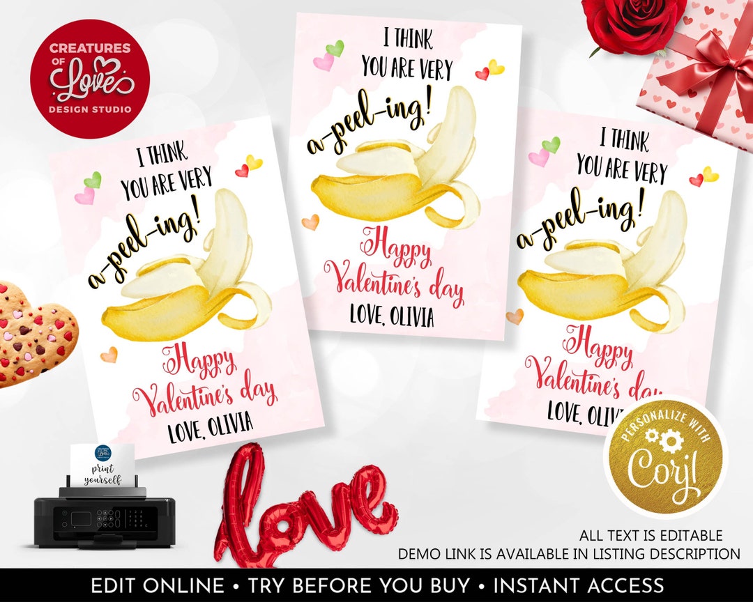 Editable Valentines Day Card Cute Banana Valentine's Day Kids Cards ...