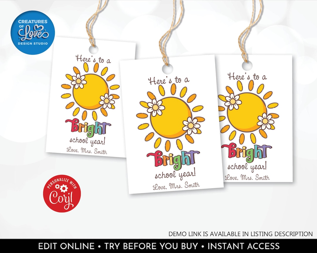 Editable Here's to a Bright School Year Tag Groovy Sun Back to School ...