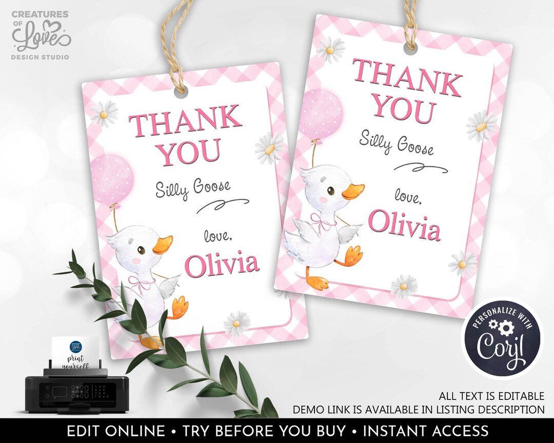 One Silly Goose Printable Favor Tags Editable Pink Silly Goose 1st ...