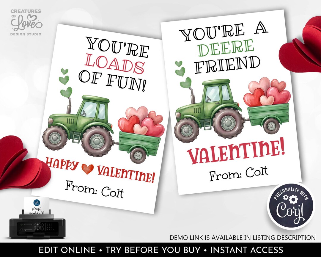 Green Tractor Valentine's Day Cards Deere Friend Valentines Tags School ...