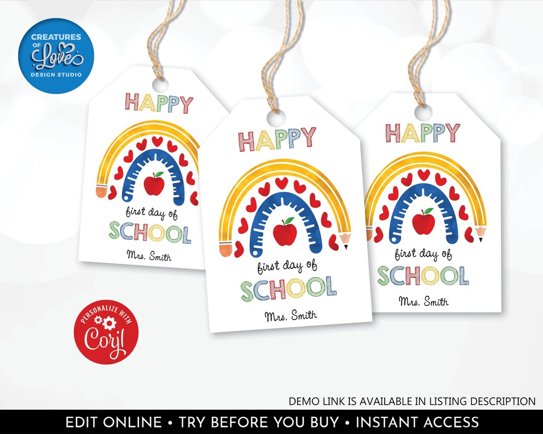 Editable Happy First Day of School Gift Tag Rainbow Back to School ...