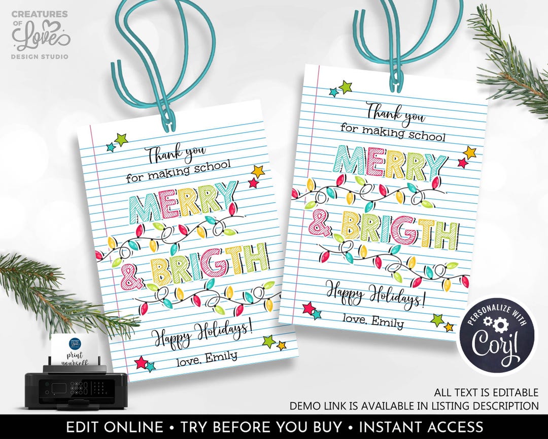 Editable Thank You for Making School Merry and Bright Gift Tags Teacher ...