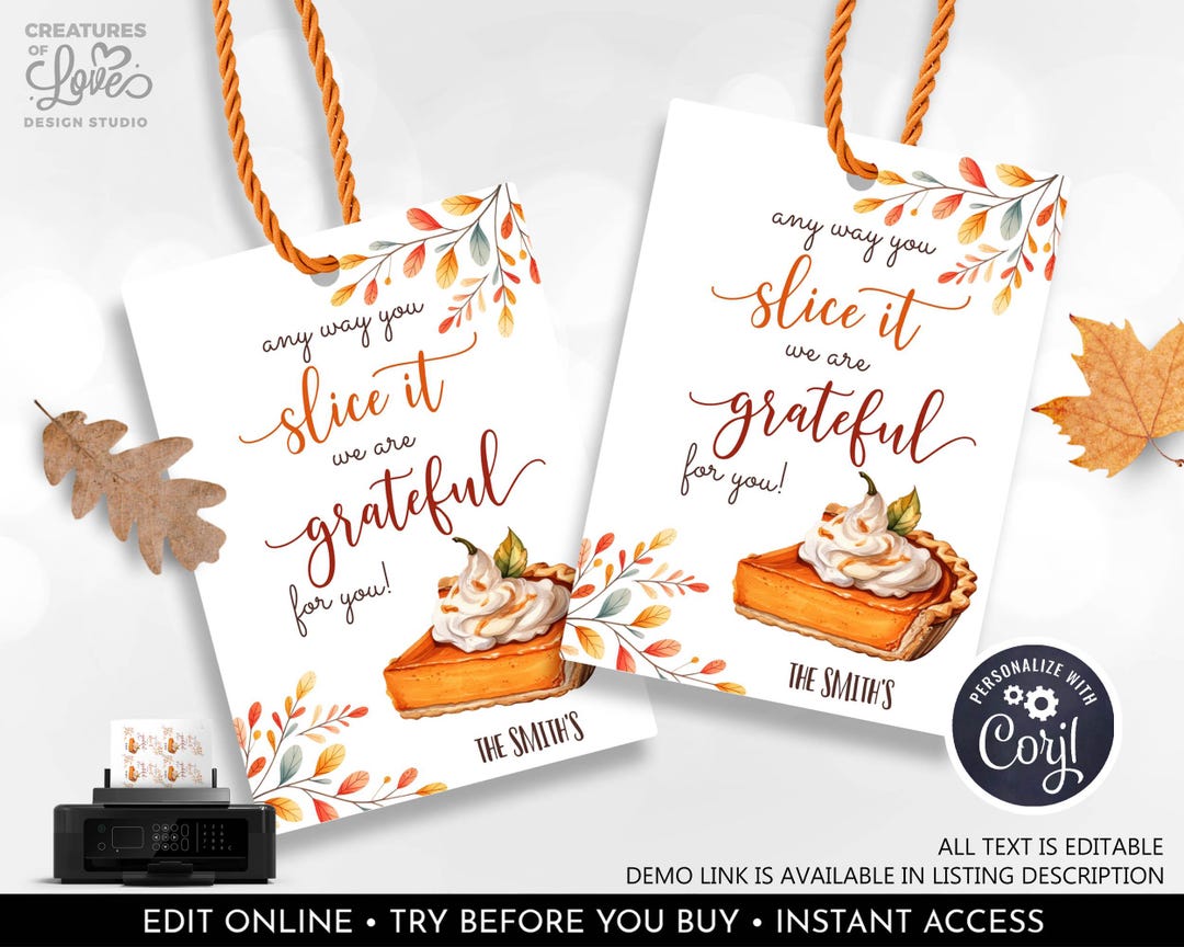 Editable Thanksgiving Gift Tags Grateful Pumpkin Pie Favor Tag Teacher ...