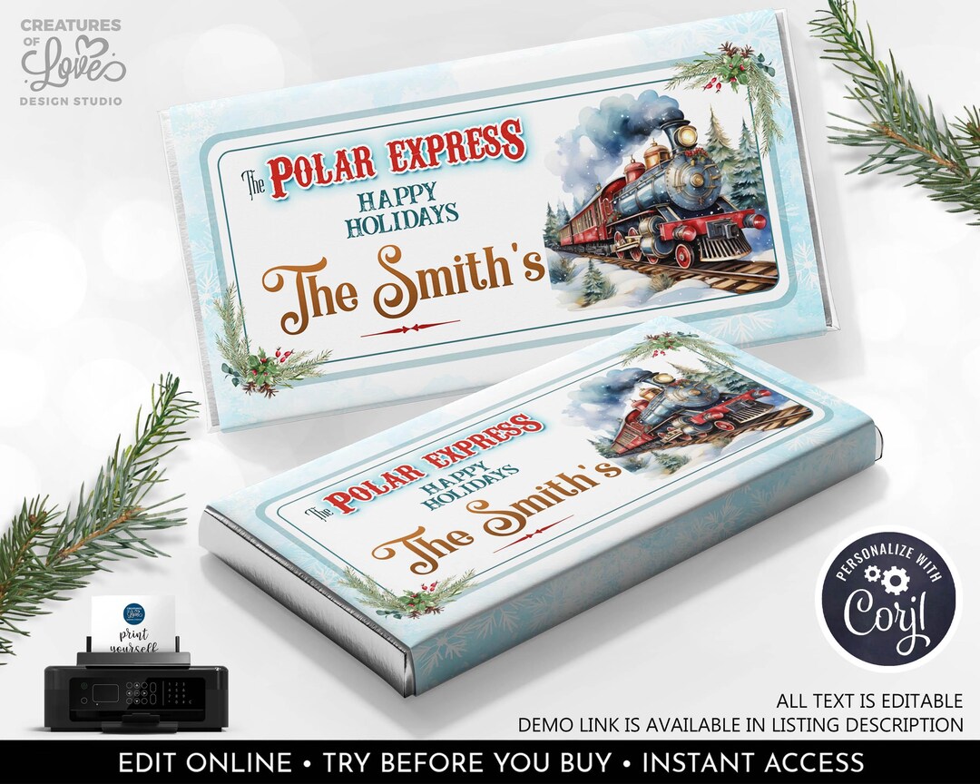 Editable Polar Express Chocolate Bar Wrapper Happy Holidays Party ...