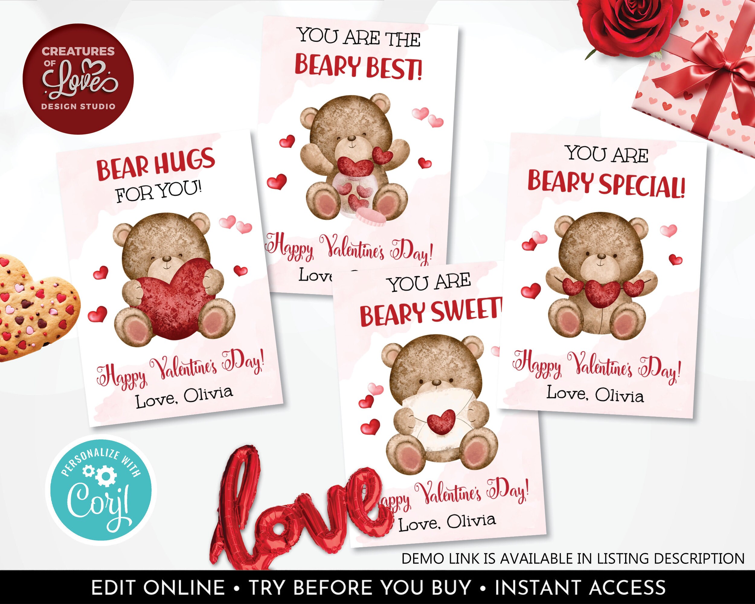 Editable Valentine's Day Cards Teddy Bear Valentines Card School Kids ...