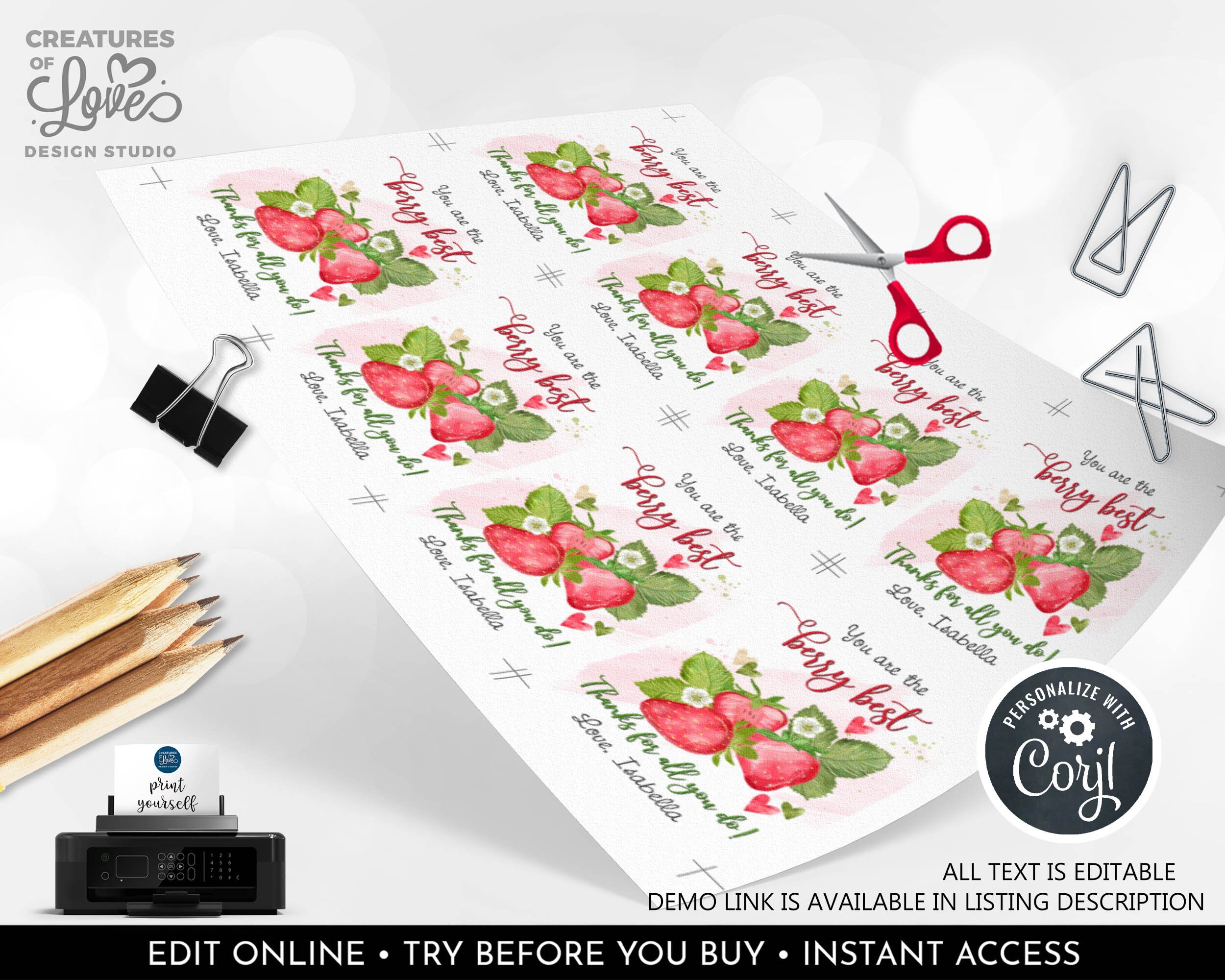 EDITABLE Teacher Appreciation Gift Tag Strawberry Gift Tag Student ...