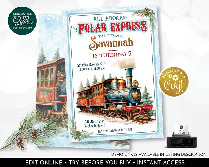 Polar Express Birthday Party Invitation Editable North Pole Train Party ...