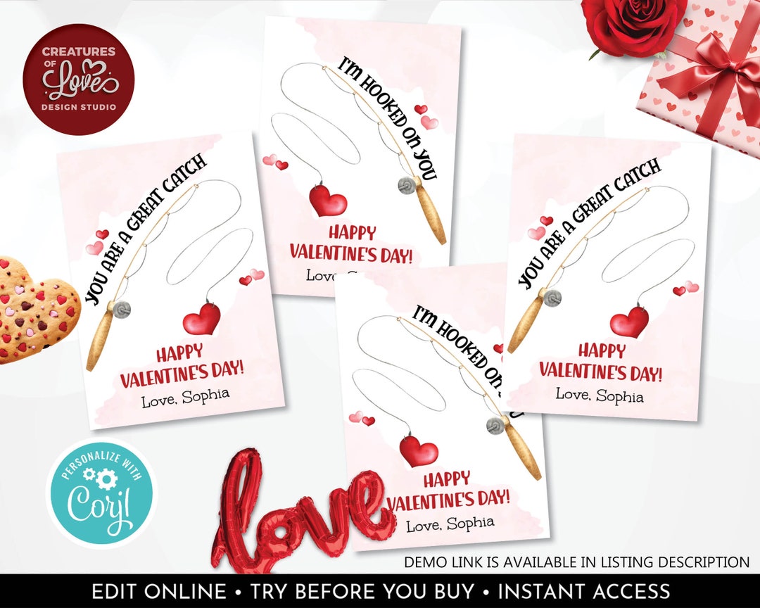 Editable Hooked on You Valentine's Day Cards Fishing Valentines Tags ...