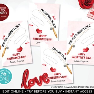 Editable Hooked on You Valentine's Day Cards Fishing Valentines Tags ...