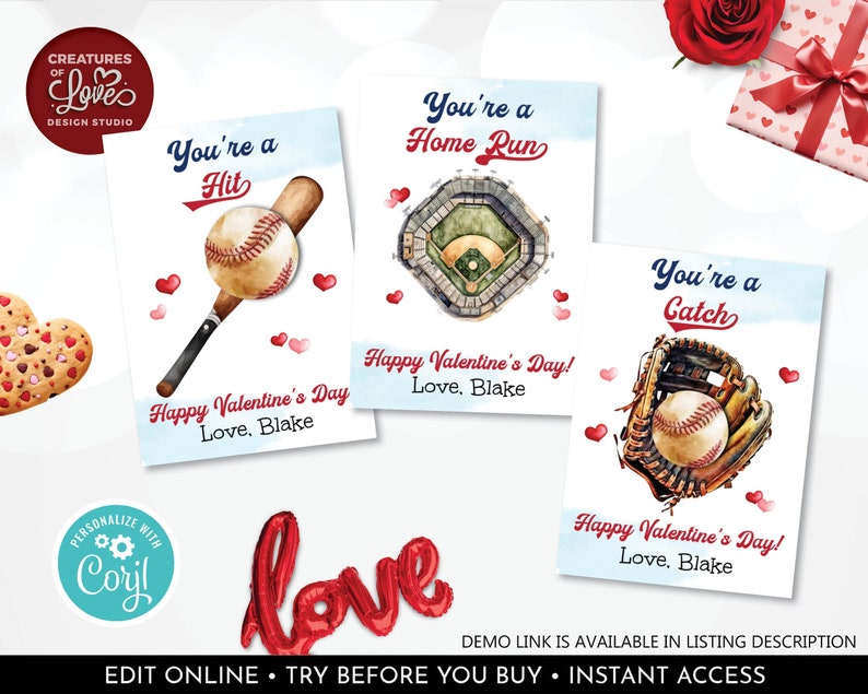 Editable Baseball Valentine's Day Cards Valentine's Day Gift Tags ...