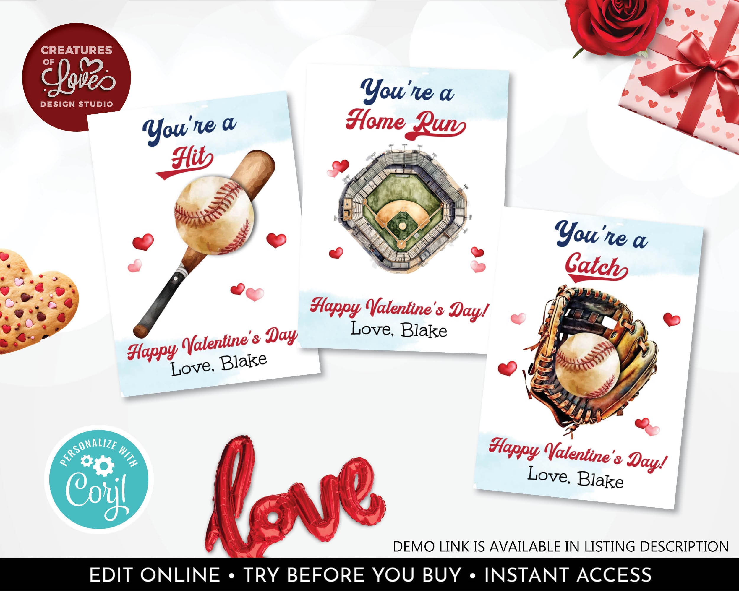 Editable Baseball Valentine's Day Cards Valentine's Day Gift Tags ...