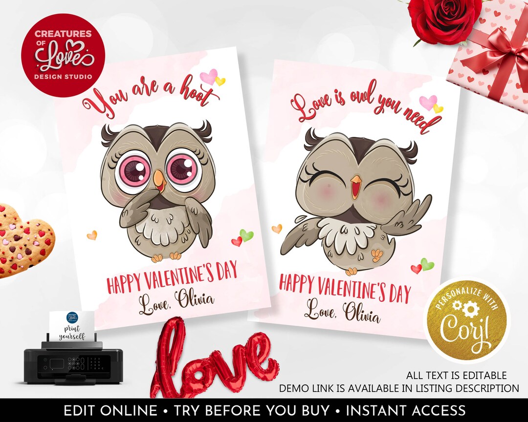 Editable Owl Valentine's Day Card Love is Owl You Need Kids Cards ...