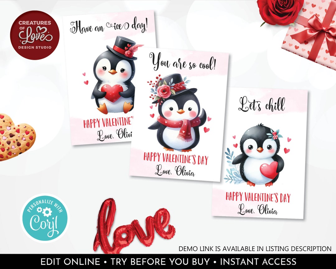 Editable Valentines Day Penguins Cards Kids Classroom School Teacher ...