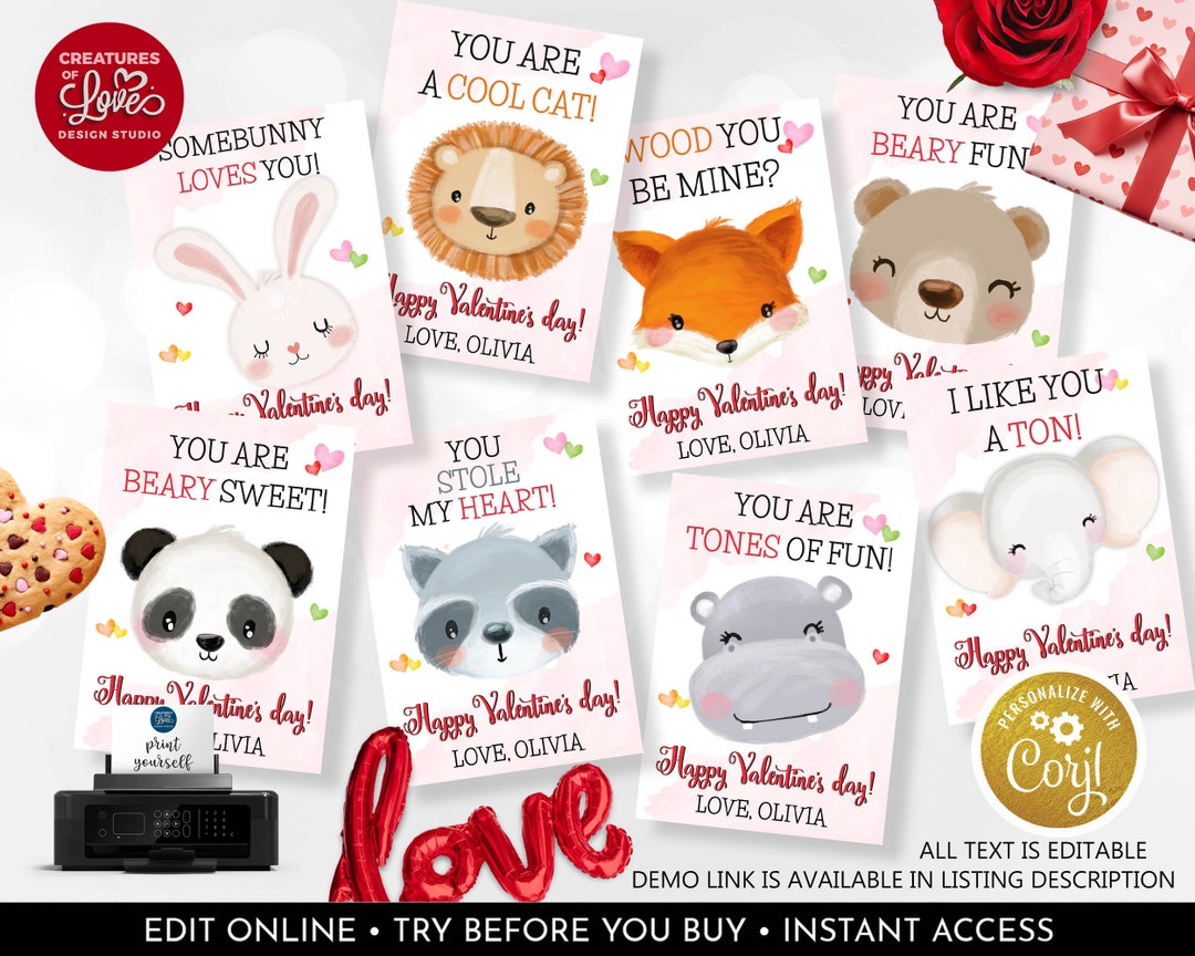 Cute Animals Valentine's Day Cards Woodland School Kids Teacher ...