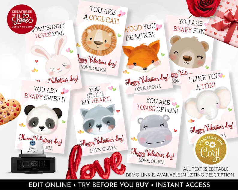 Cute Animals Valentine's Day Cards Woodland School Kids Teacher ...