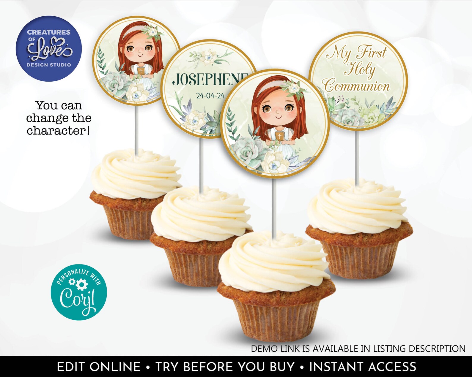 First Communion Cupcake Toppers Editable Girl First Communion Party ...
