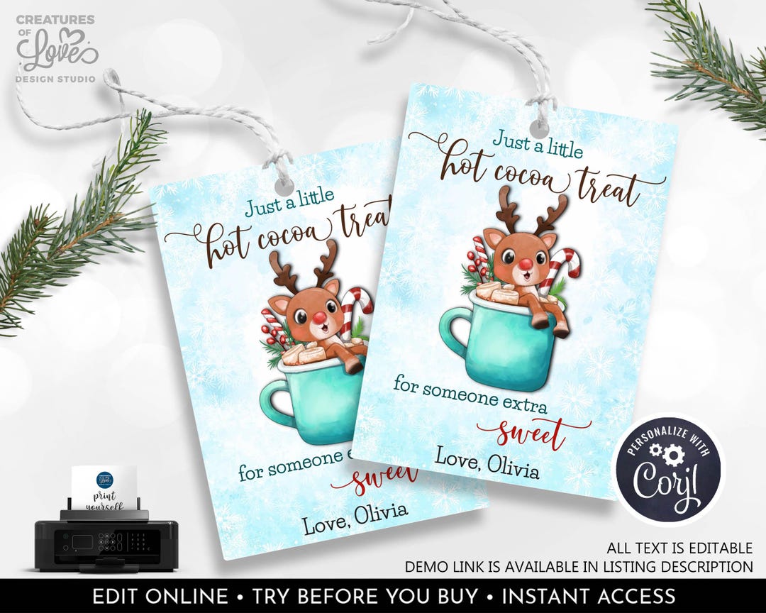 Editable Hot Chocolate Christmas Gift Tag Rudolph Hot Cocoa Treat for ...